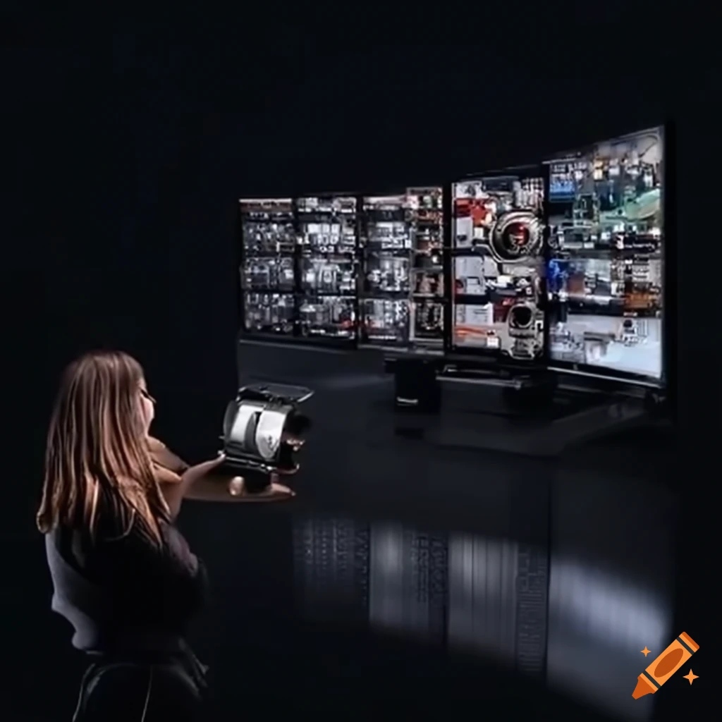 High-tech media player with multiple live camera feeds and screens on ...