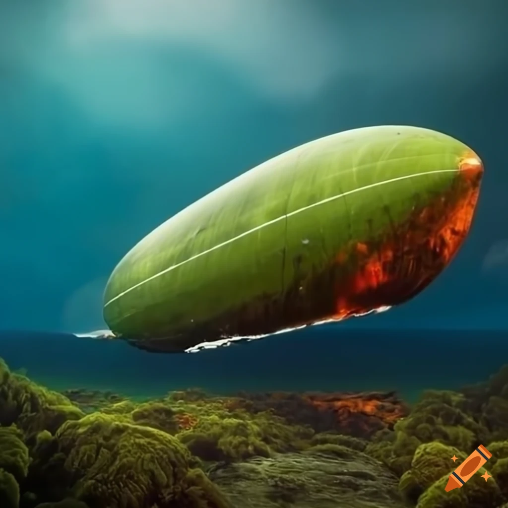 8k, hyper realism, hyper realistic, moss zeppelin in a burning ocean on Craiyon