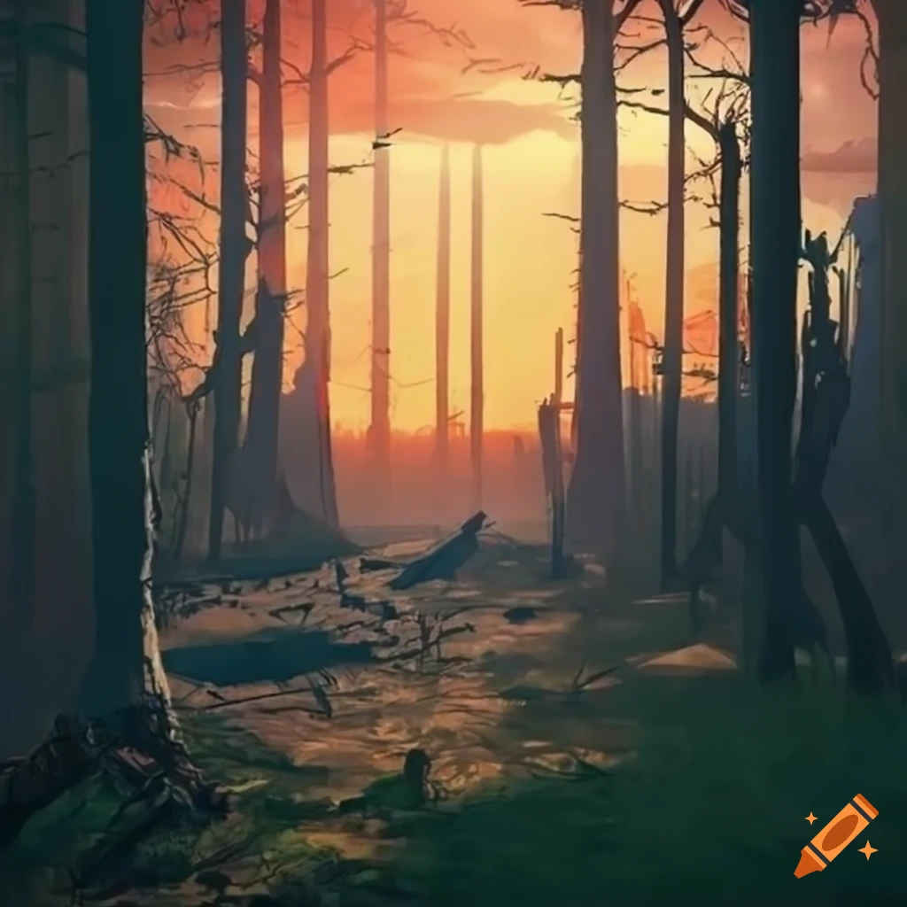 Post apocalyptic forest with a sunset on Craiyon