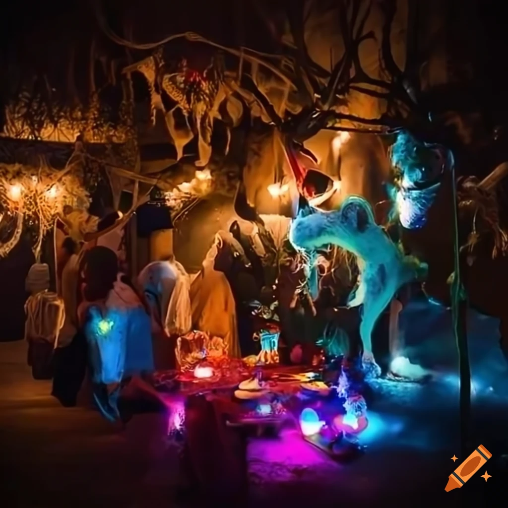 A magical night market worked by friendly creatures and glowing lights