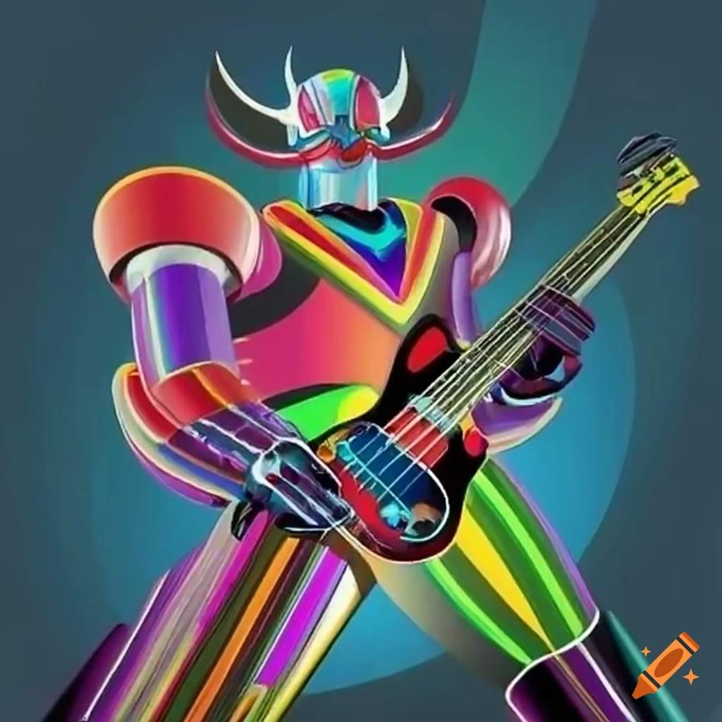 Vibrantly colored grendizer robot playing bass for p-funk on Craiyon