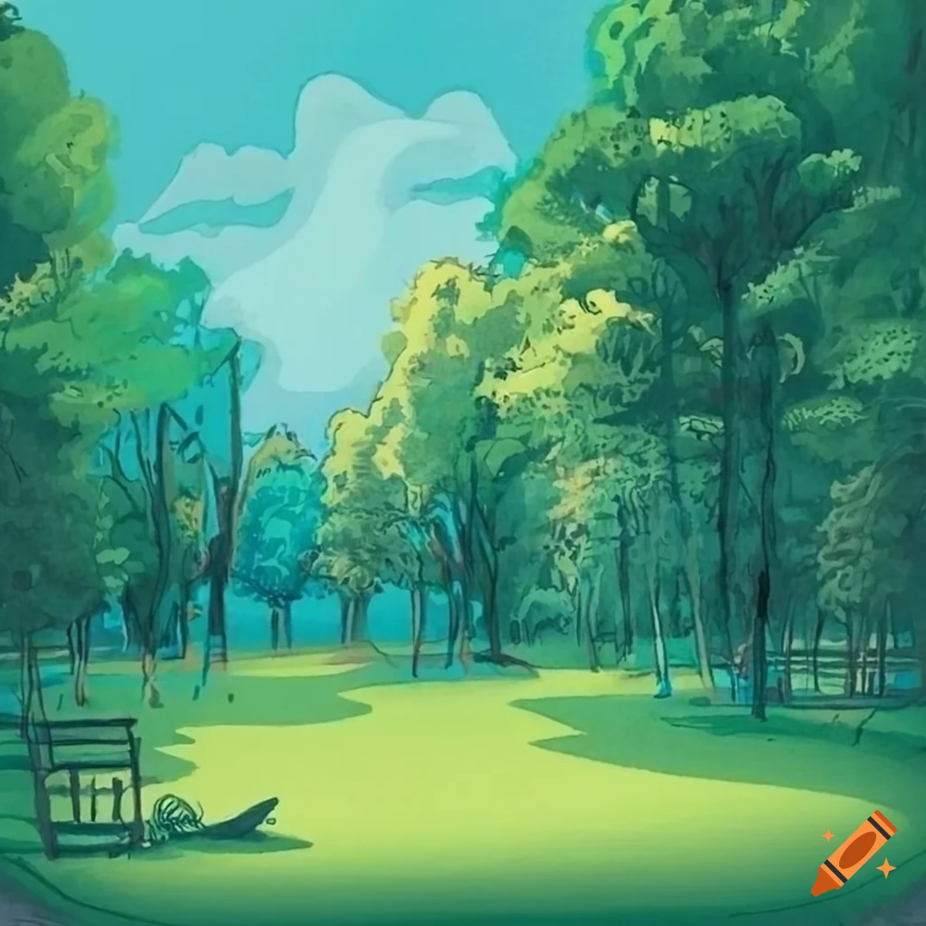 Peaceful park scene with lush forest and cyan sky in a detailed pencil sketch on Craiyon