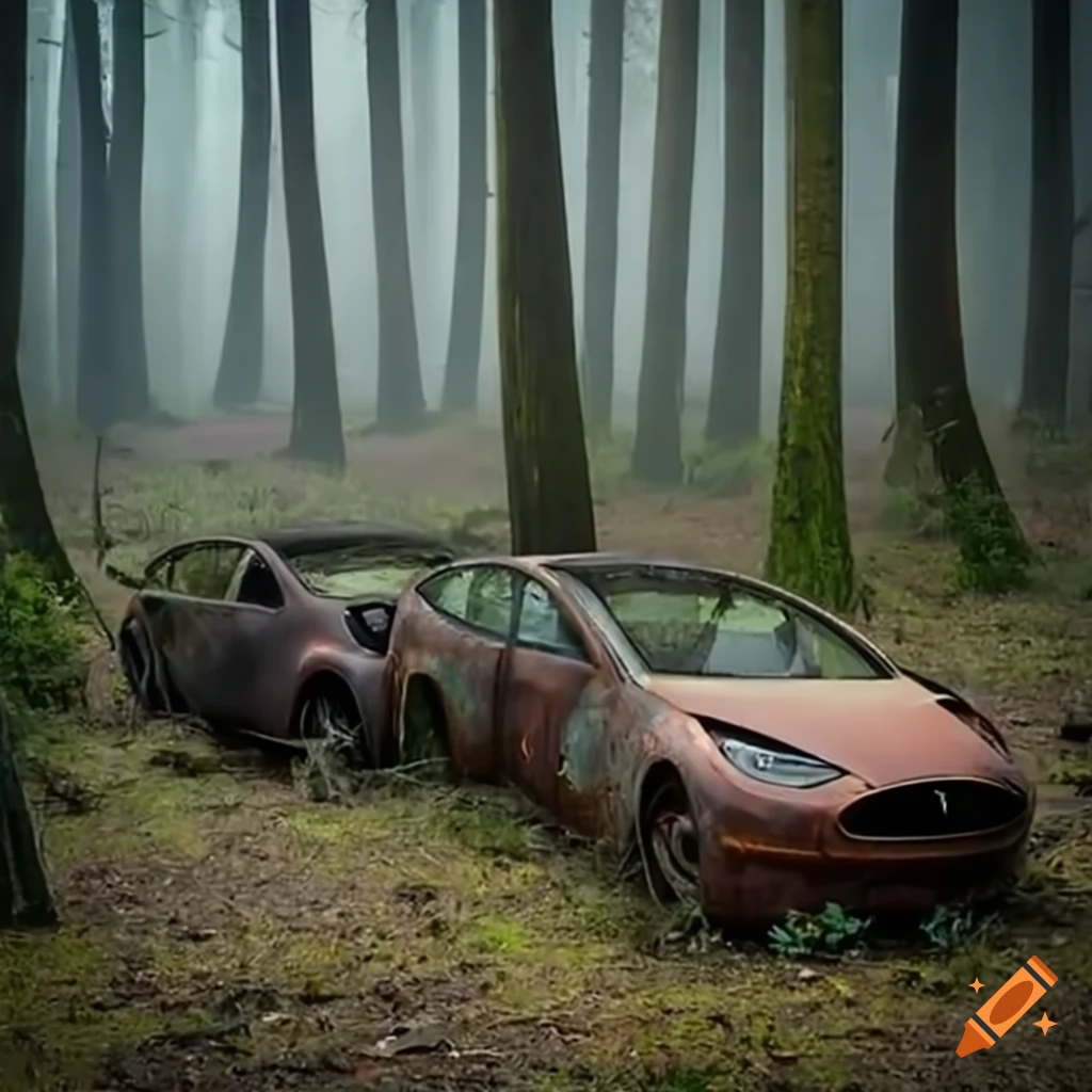 Three rusted and old Tesla cars piled up and overgrown with nature in a ...