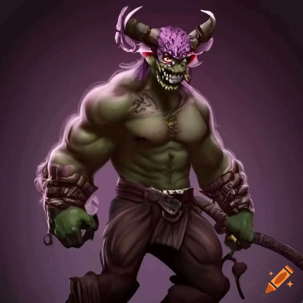 A large and muscular orc tiefling with dark green skin and two bottom teeth