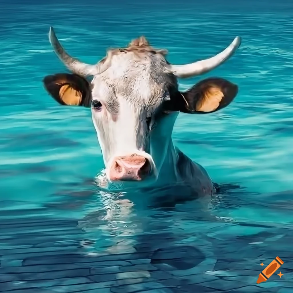 Wes Anderson style photo of a dairy cow in a luxury hotel swimming pool ...