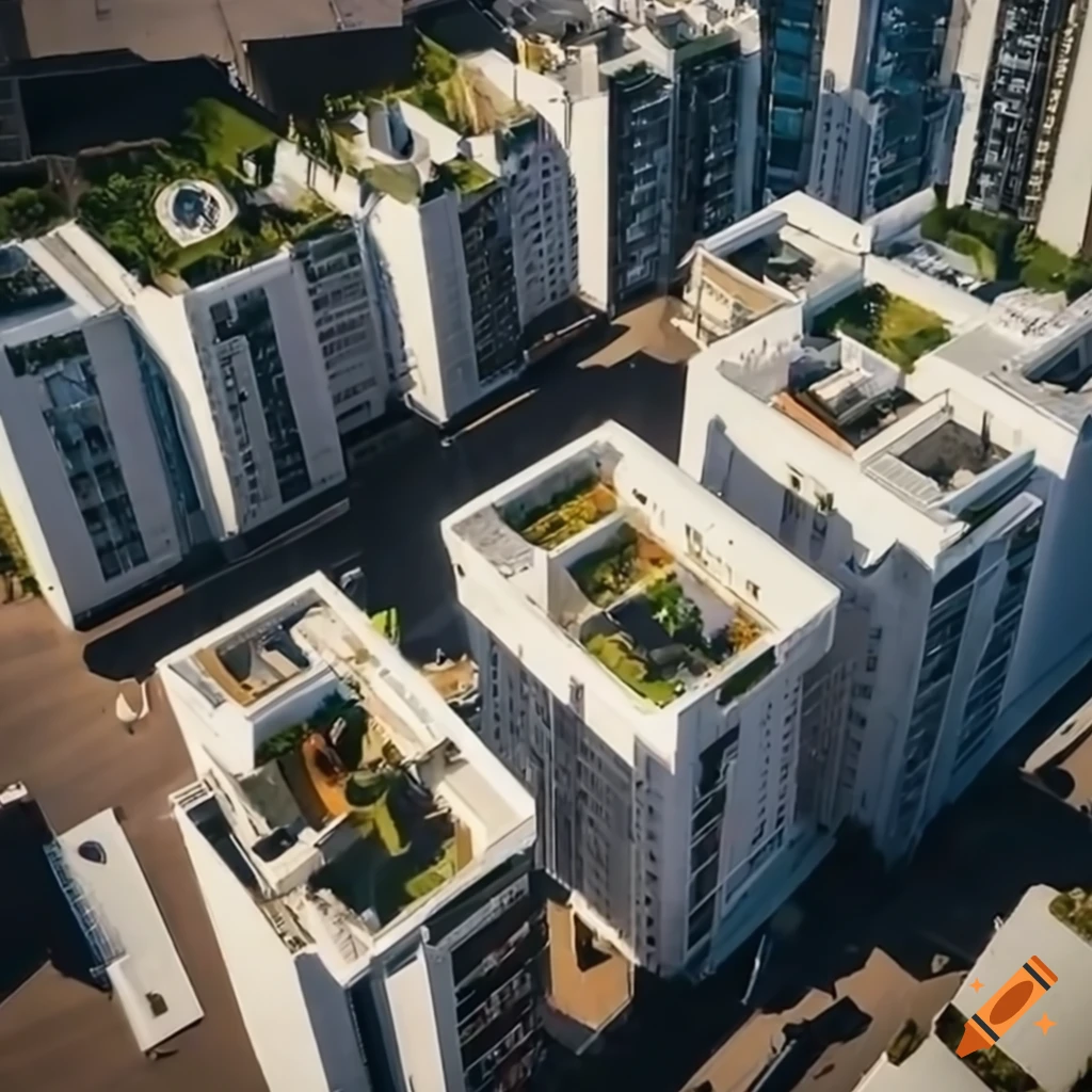 Create a drone aerial view of an apartment rooftop complex