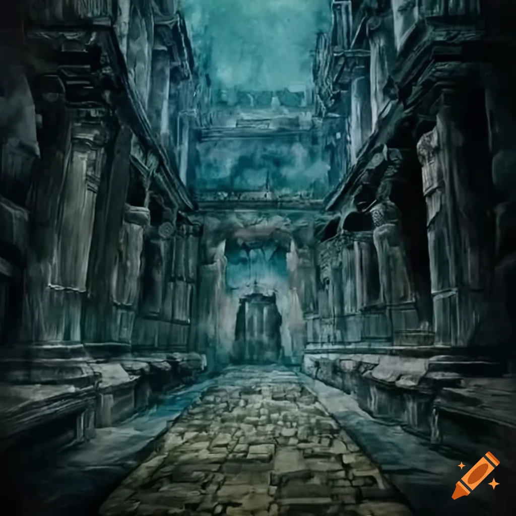 Gloomy giant halls of a spooky ancient temple on Craiyon