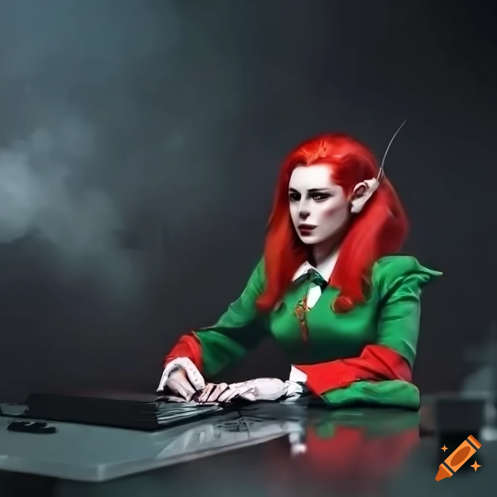 Red haired elf female in suit smoking at desk dark style on Craiyon