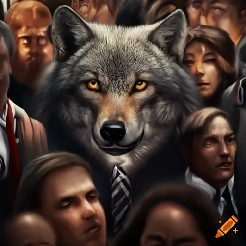 A crowd of over 1000 businessmen. one of them has the head of a wolf on ...