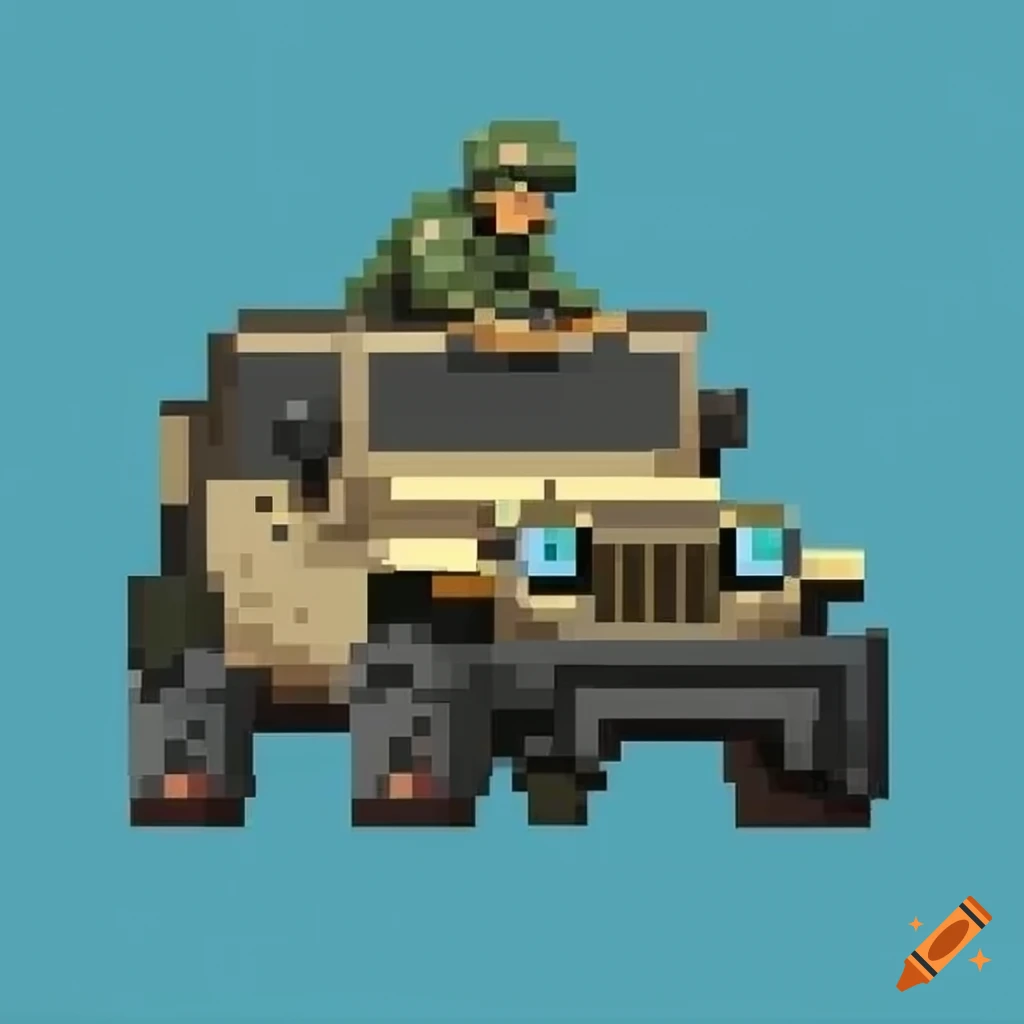 16-bit pixel art army soldier riding in a jeep