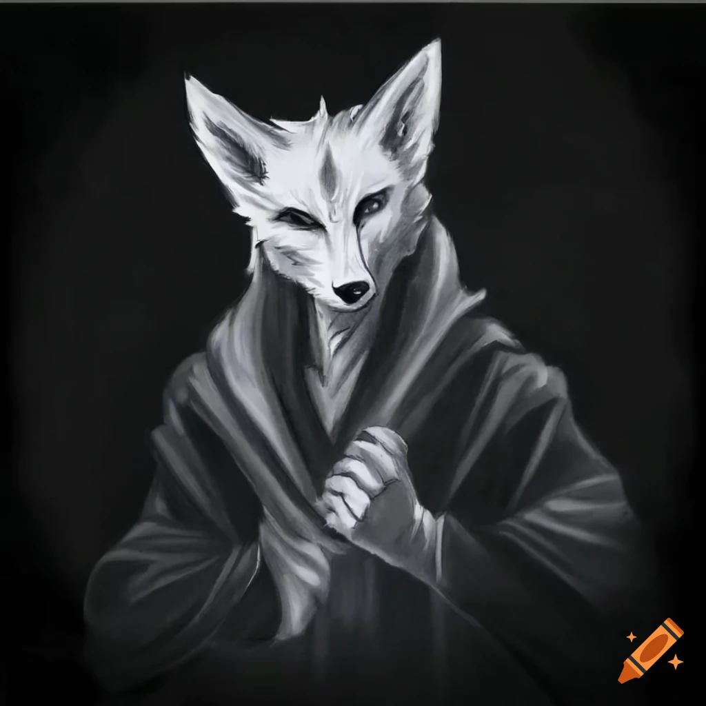 Black & white drawing of a male kitsune wearing a necromancer robe