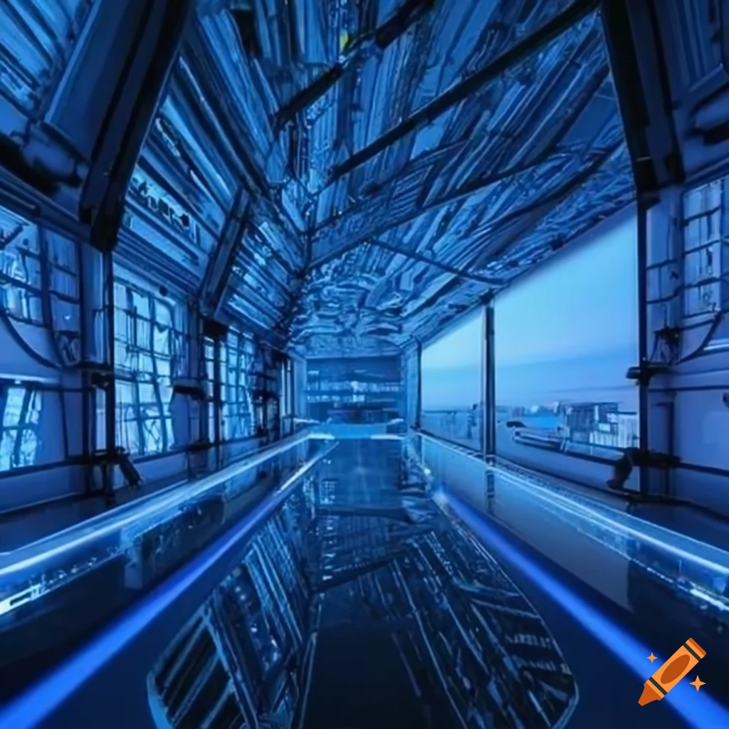 Large interior of a futuristic high-tech facility with stunning views on Craiyon