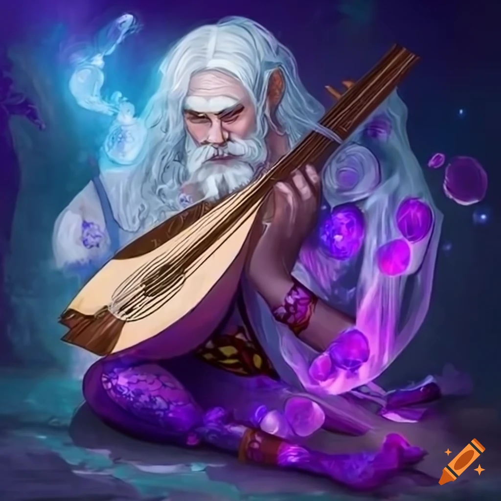 A magical bard with white hair and white beard playing a lute with many ...