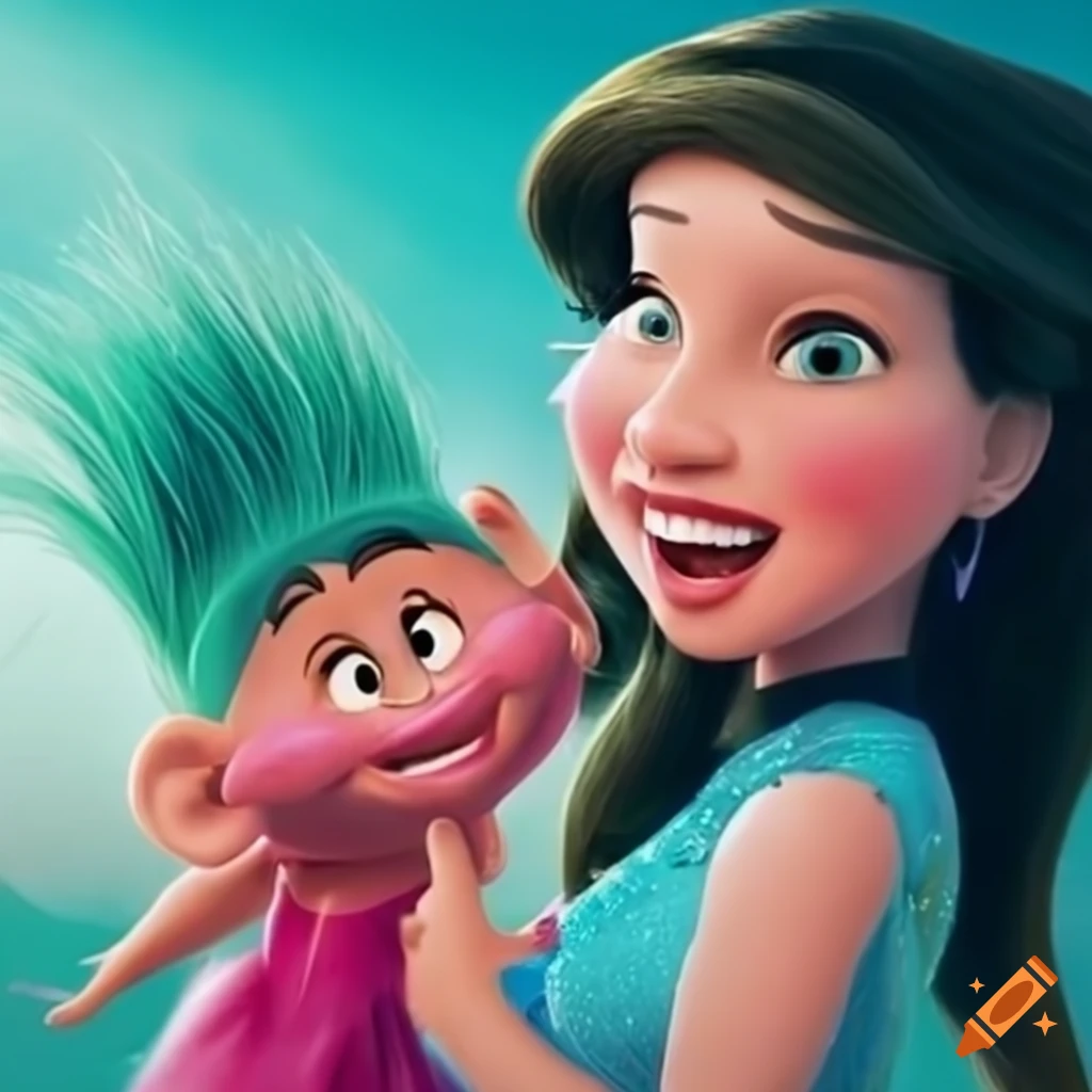 A disney princess and a troll laughting together on Craiyon