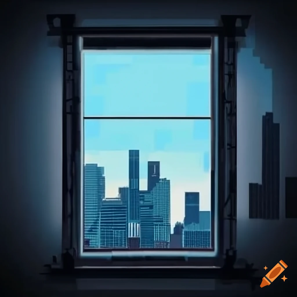 Pixel window looking out into a city