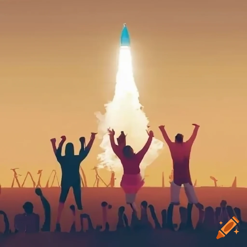 A rocket start on a field with people standing arounf and cheering