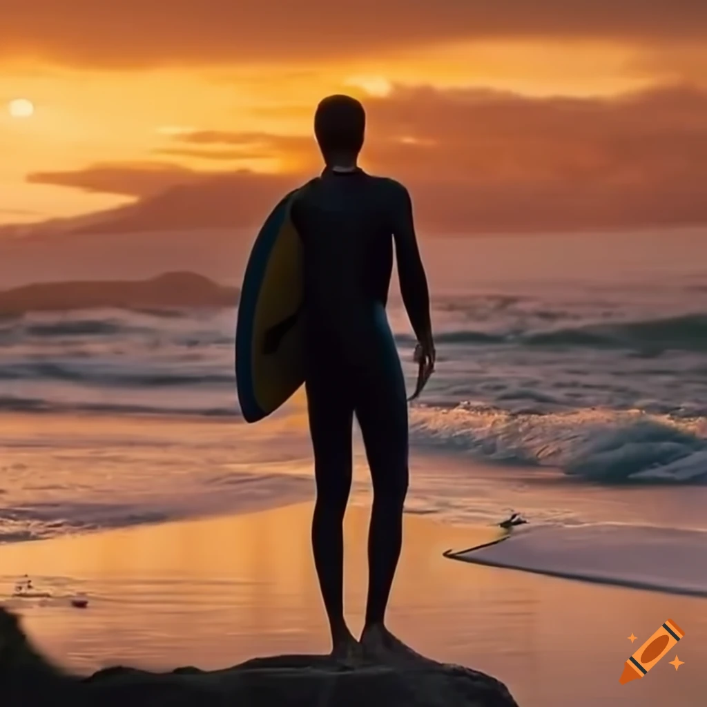 A surfer standing on a cliff looking into the sunset