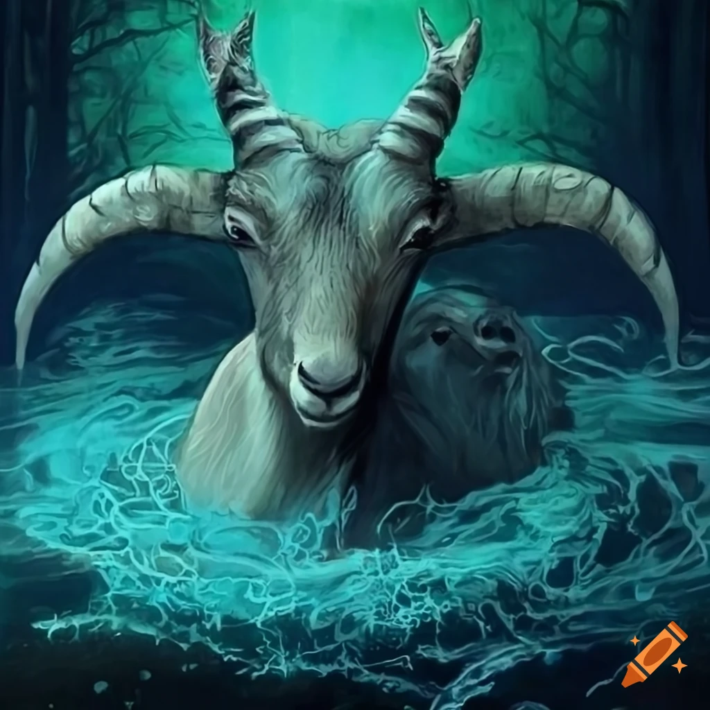 A goat in water with its horns out, in the style of tarot card, emerald ...