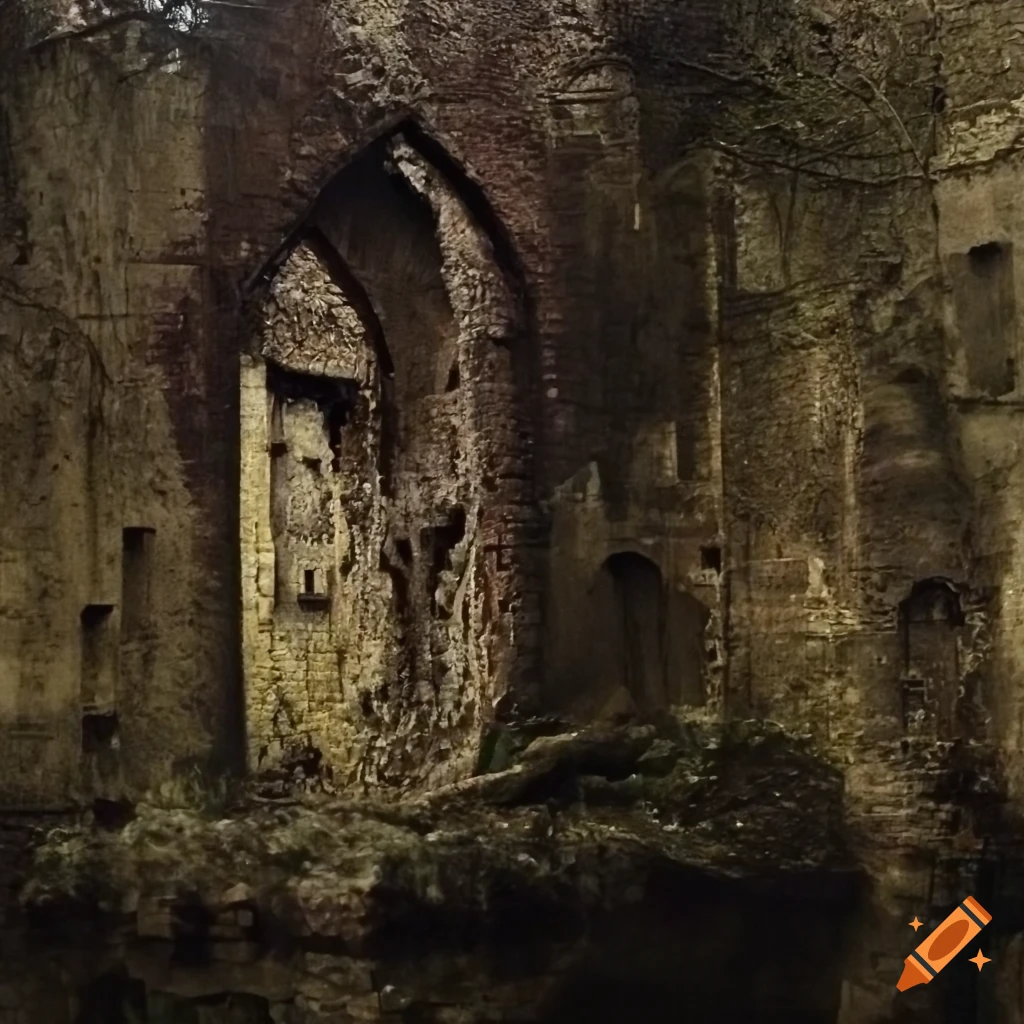 Castle ruins in a swamp, collapsed town, tattered banner, moldy walls