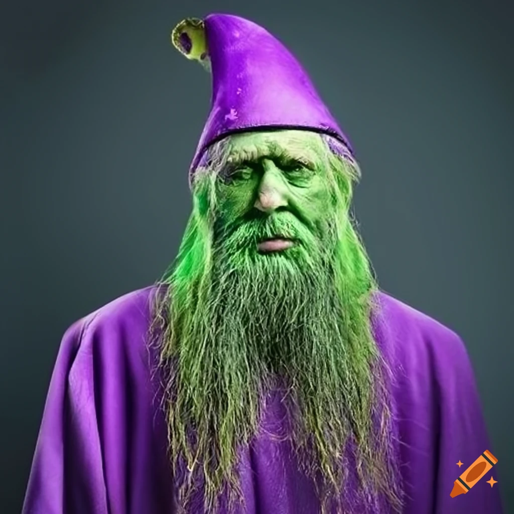 Create a photo of a green-skinned devious wizard with a long green ...