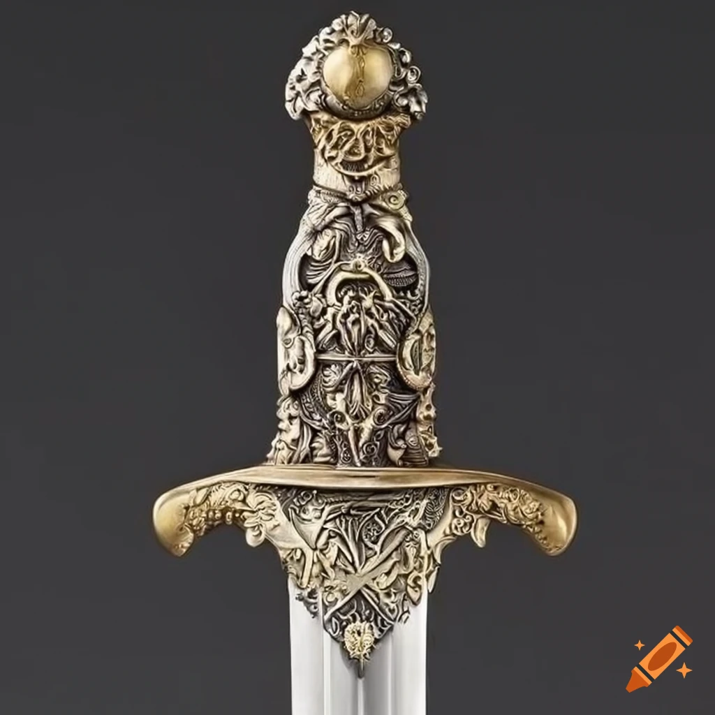 An elaborate fantasy sword with intricate mythical engravings on Craiyon