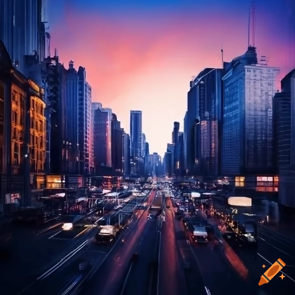 City, photorealistic, panorama, lights