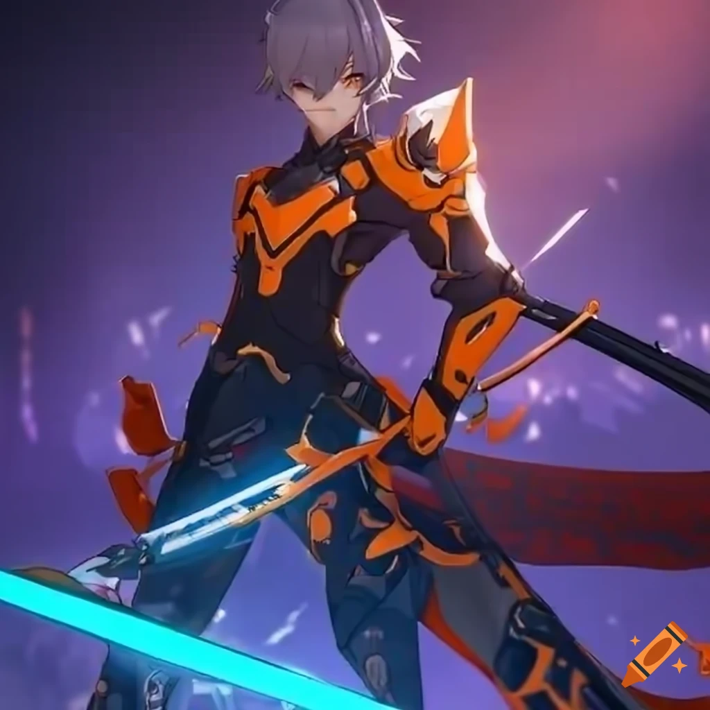 Honkai star rail male character in orange sci-fi armor and with sword ...