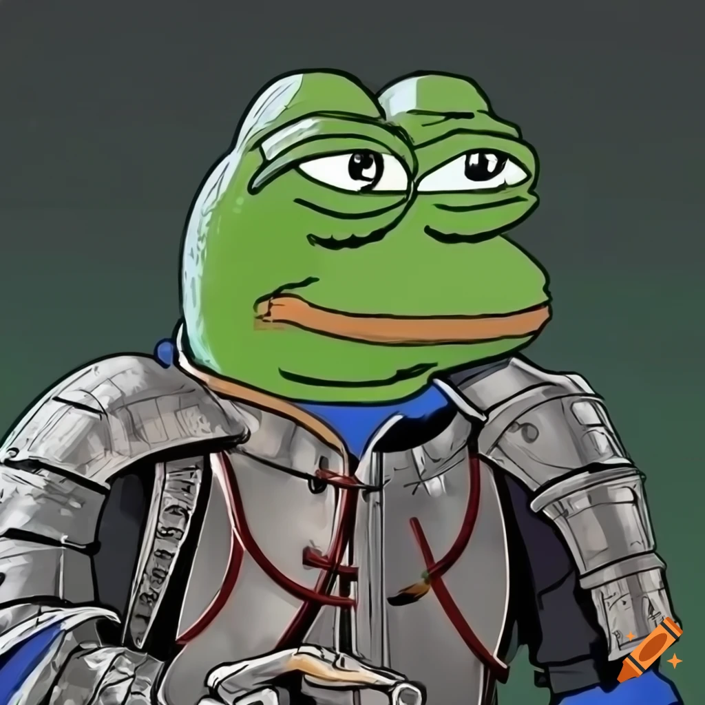 A pepe frog wearing knight armor with a mischievous expression and ...