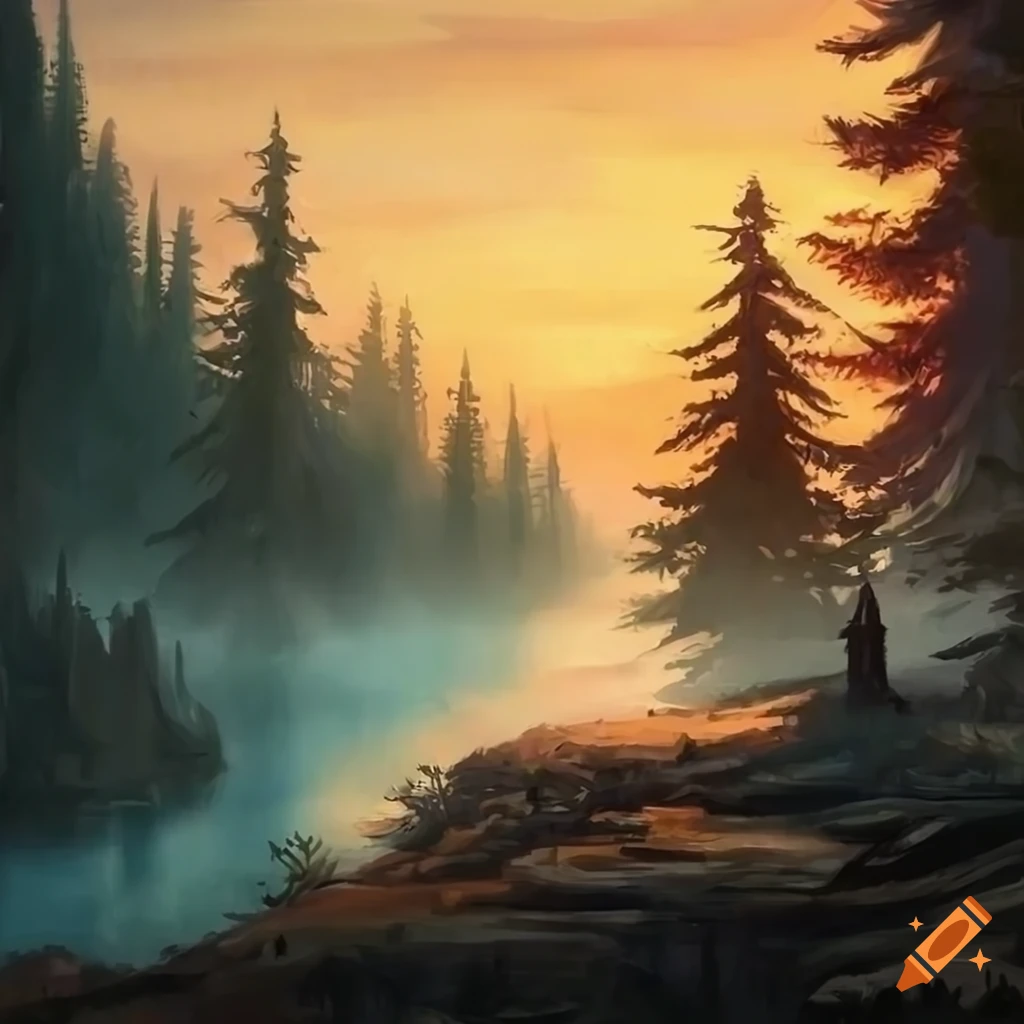 A serene landscape painting reminiscent of the world of skyrim