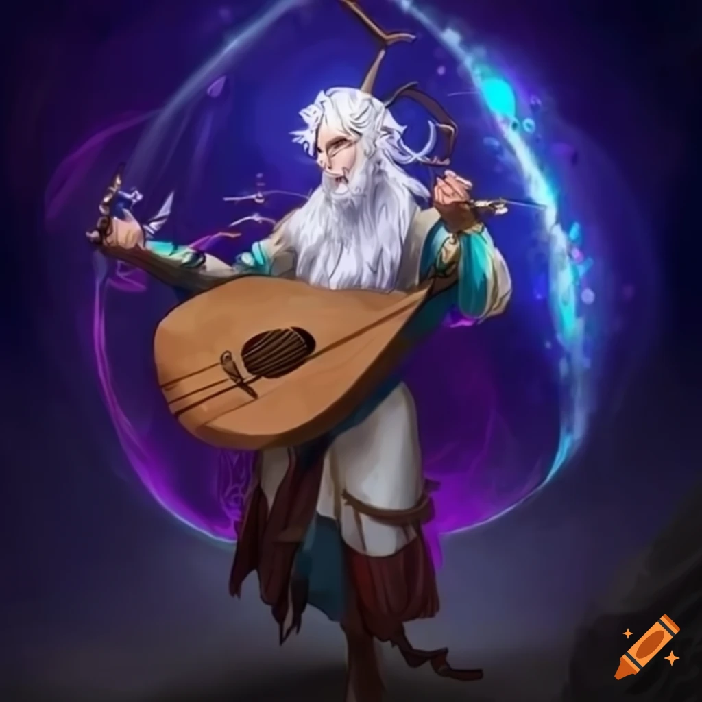 A handsome heroic magical bard with white hair and white beard playing ...