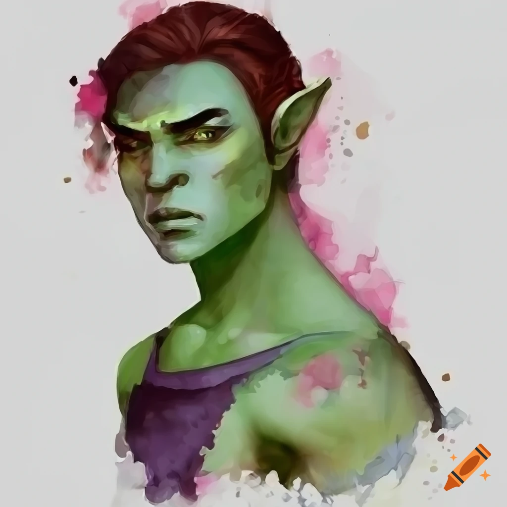 Young male half-orc portait with grey skin and neat short hair
