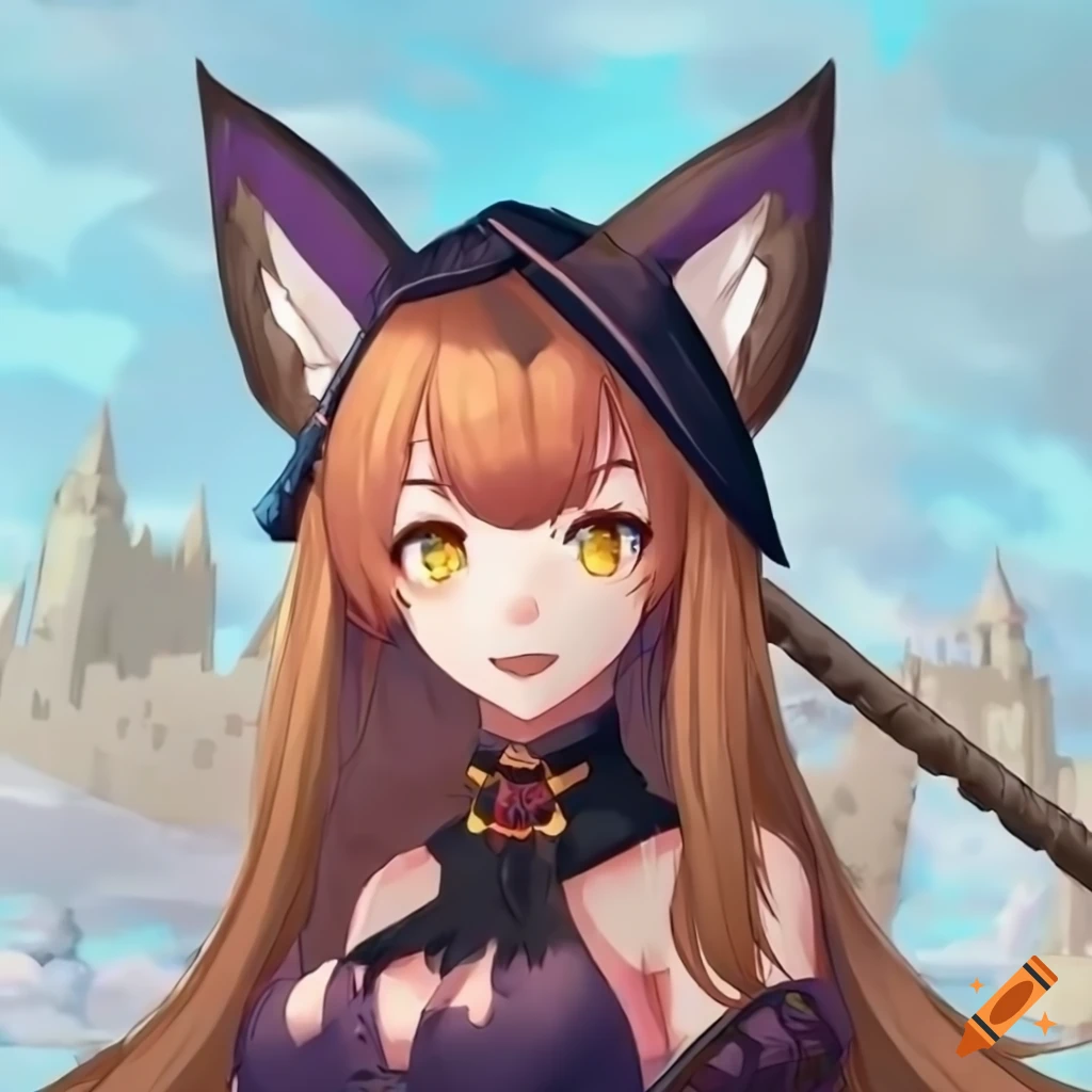 Giant ninetailed fox witch vtuber with brown hair next to castle