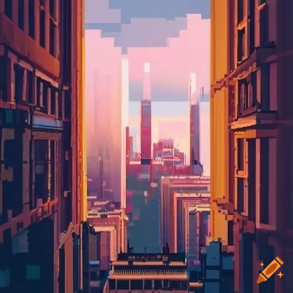 Pixel window looking out into a city on Craiyon