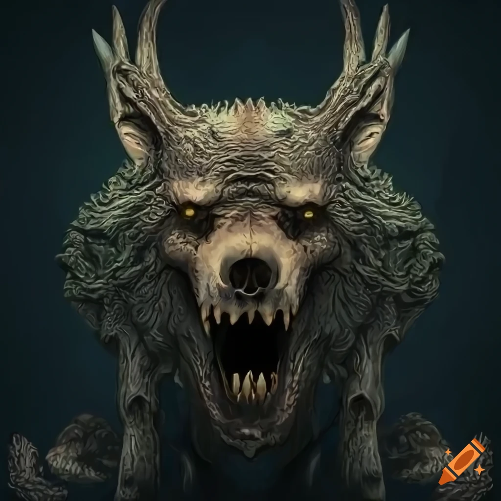 A mythical creature with a long wolf shaped skull-like head with sharp ...