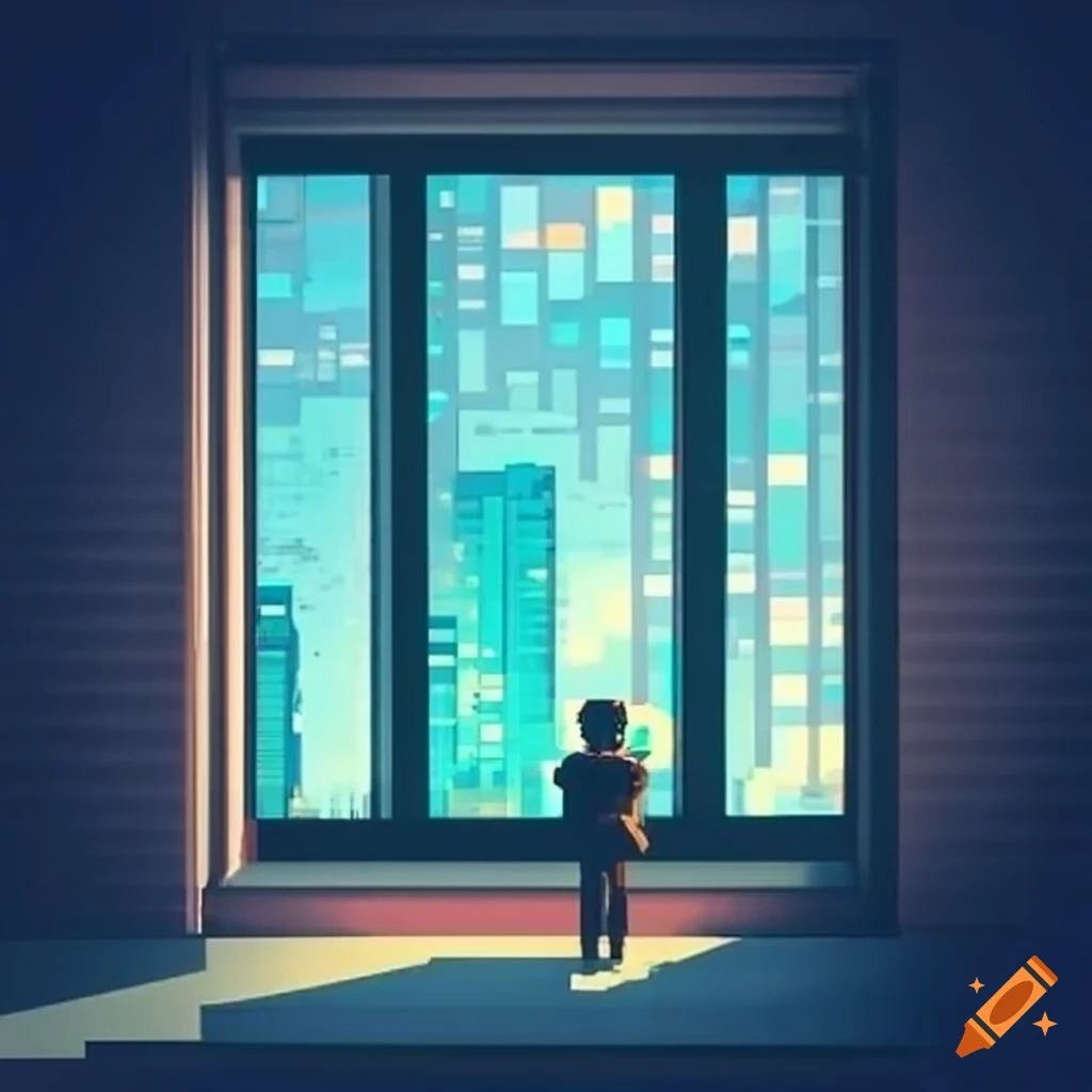 Pixel window looking out into a city on Craiyon