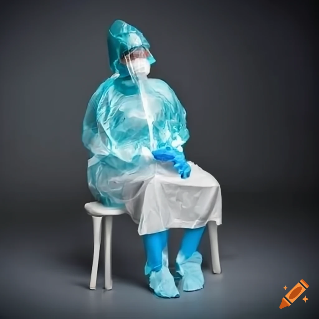 Woman wearing protective plastic ppe sitting on a chair, concealing her ...