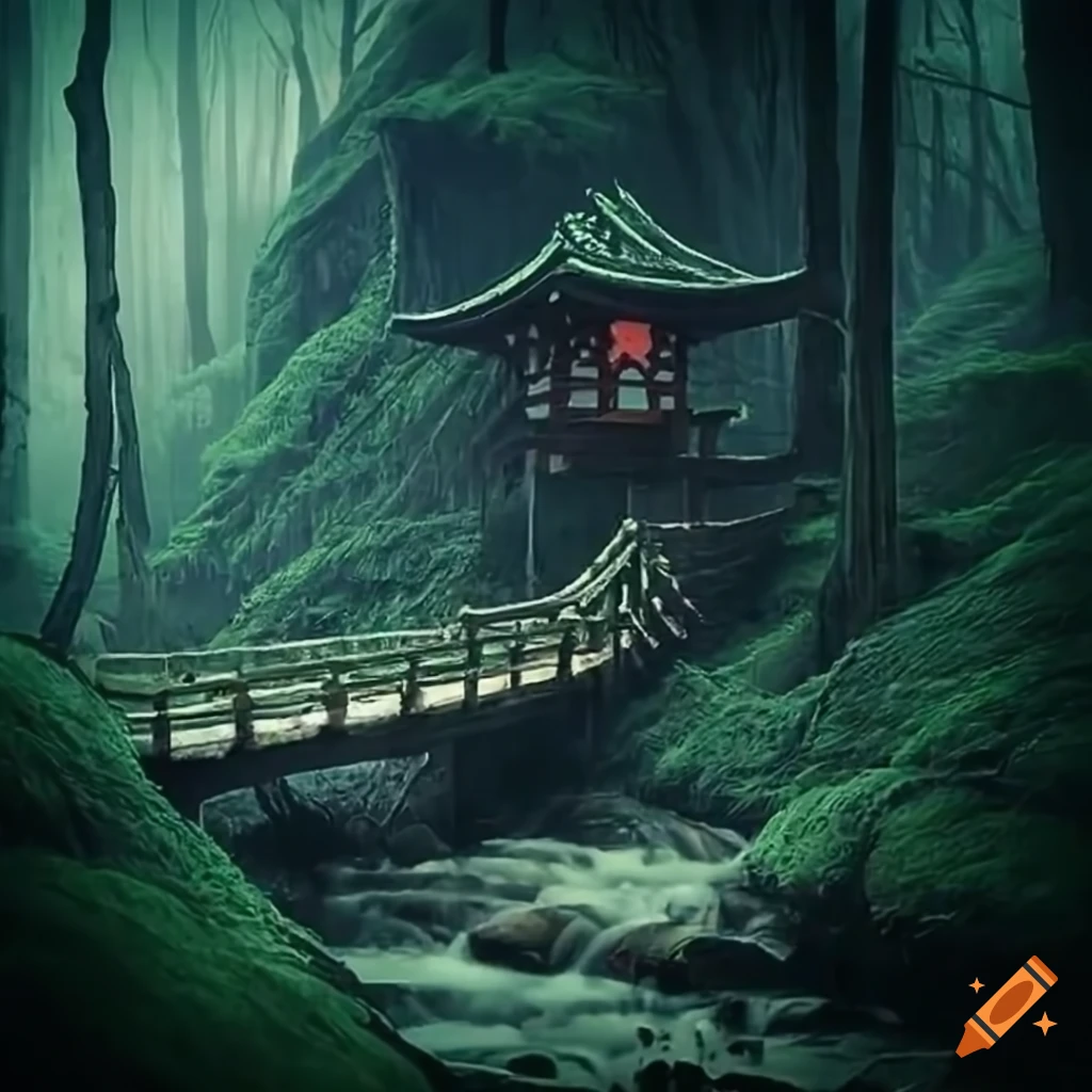 A cursed haunted mountain forest with a creek and a wooden bridge ...