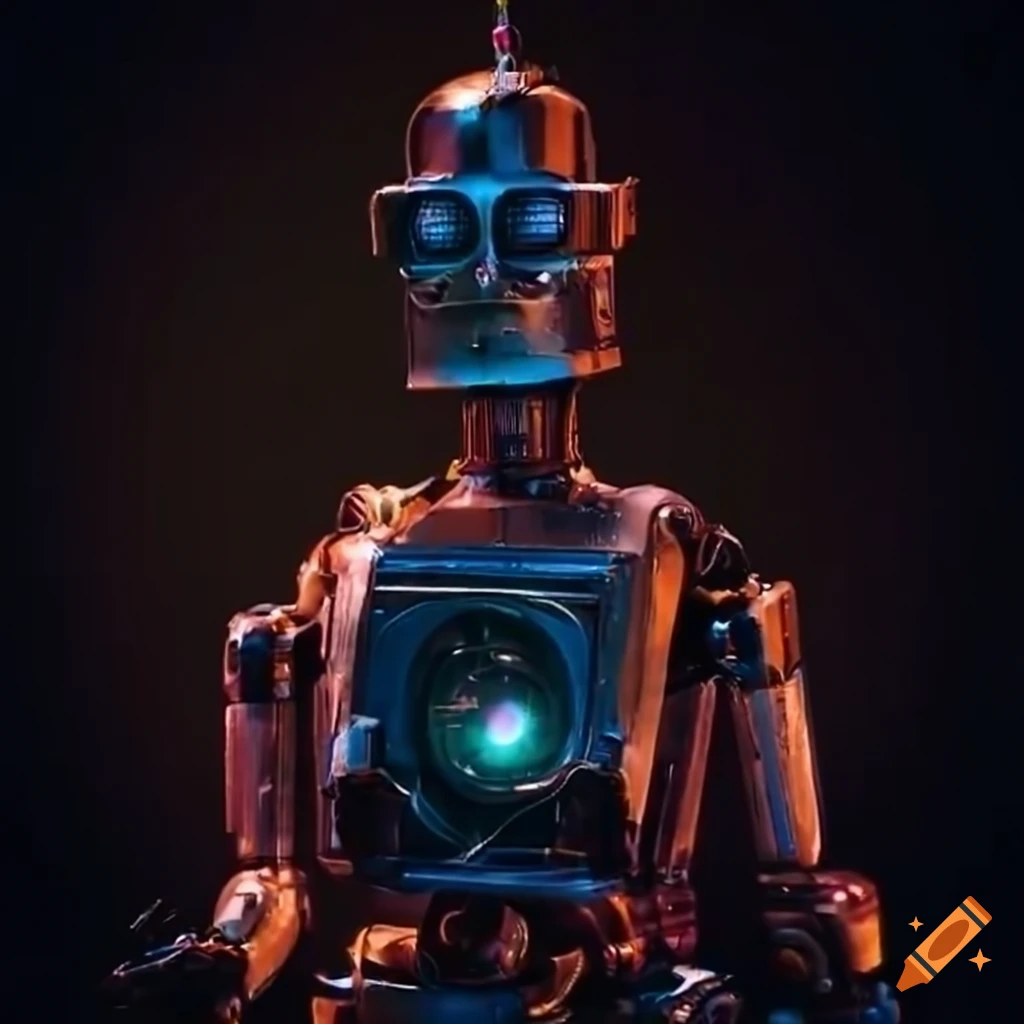 A retro-style robot battle with lasers in an art deco setting on Craiyon