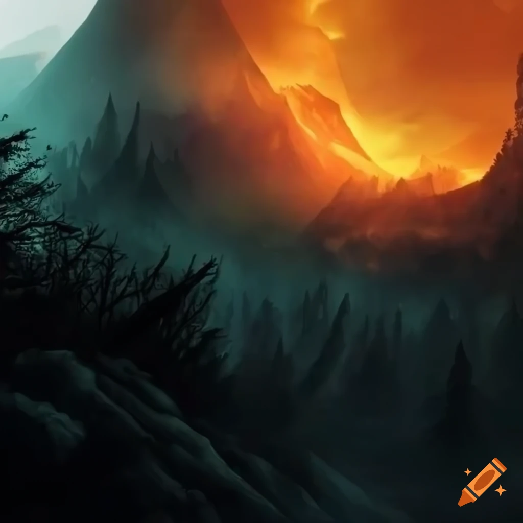 Fantasy game art depicting a vast forest landscape with a volcano in ...