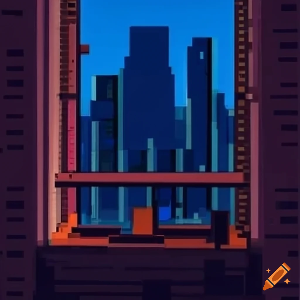 Pixel window looking out into a city