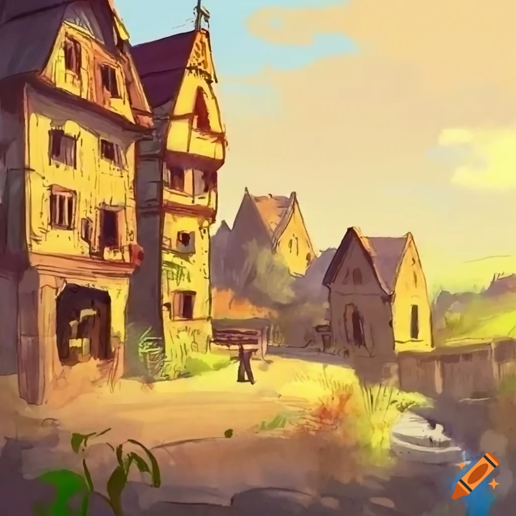 Sketch of a peaceful medieval village with look from the distance