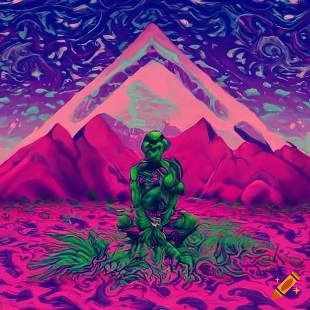 Garden goblin surrounded by a dreamscape of magenta mountains in a ...