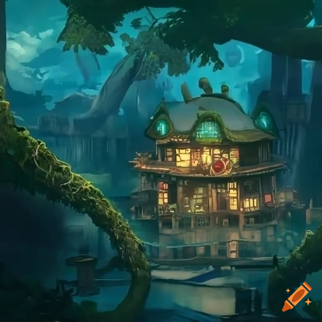 Fantasy swamp town engulfed in vines and trees, with mushrooms, and ...