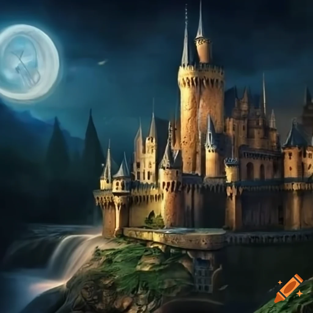 Castillo encantado hiperrealista con cascada y noche oscura