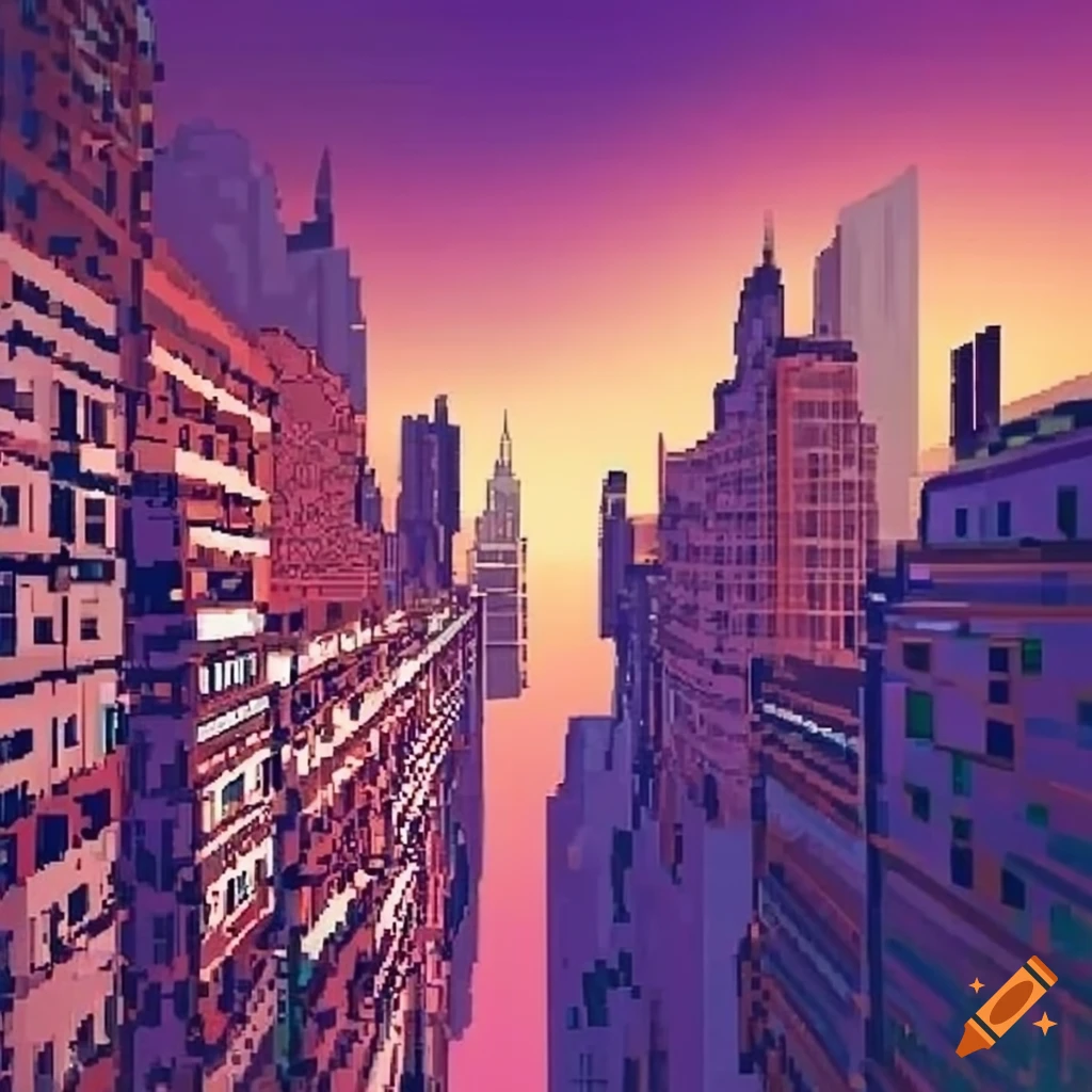 Looking up at a pixelated city on Craiyon