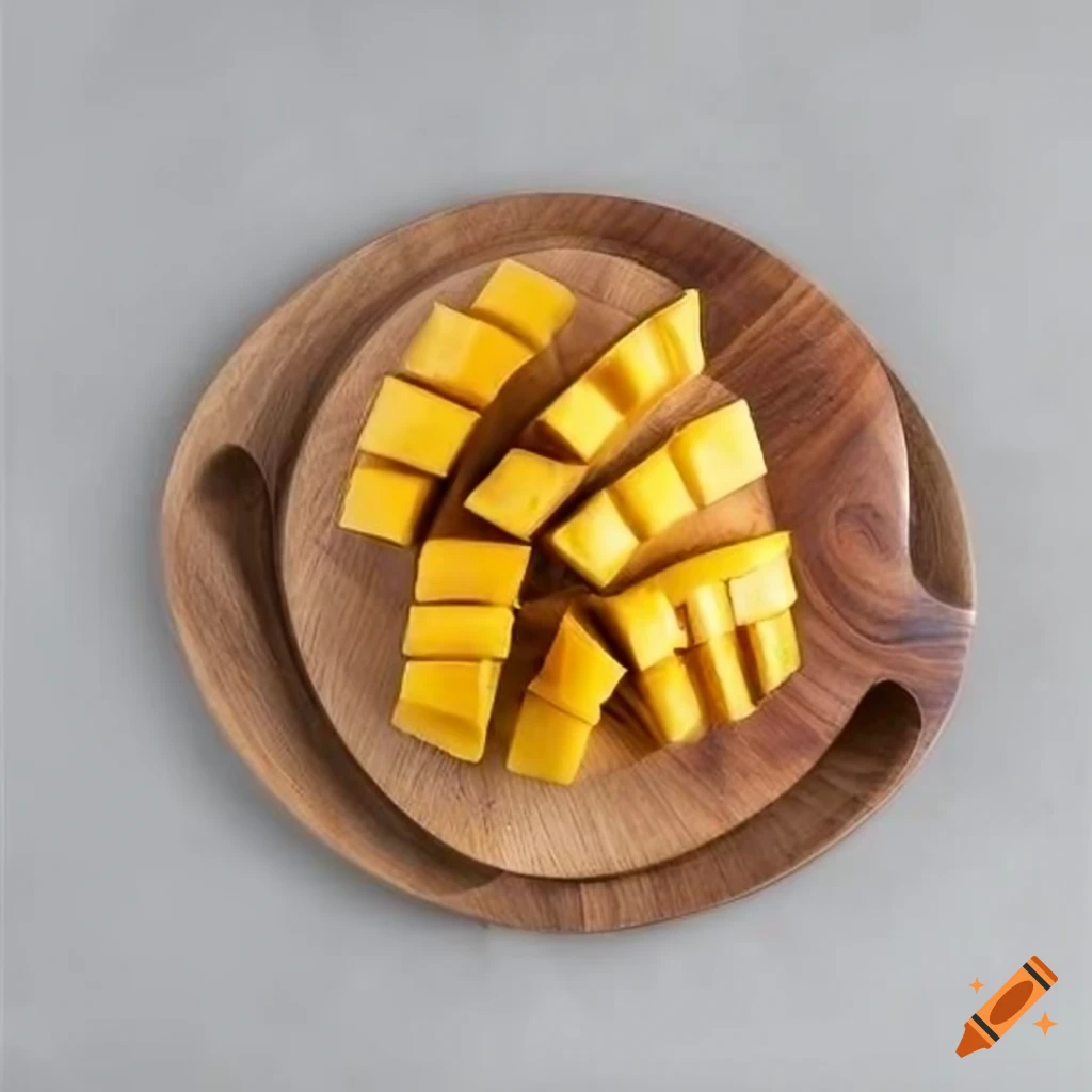 Mango in a polished wooden plate for elegant food serving on a white ...