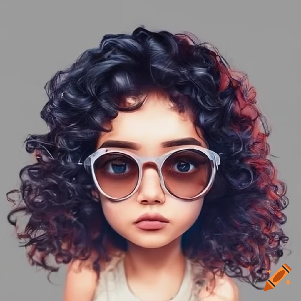 Dark hair girl curly glasses