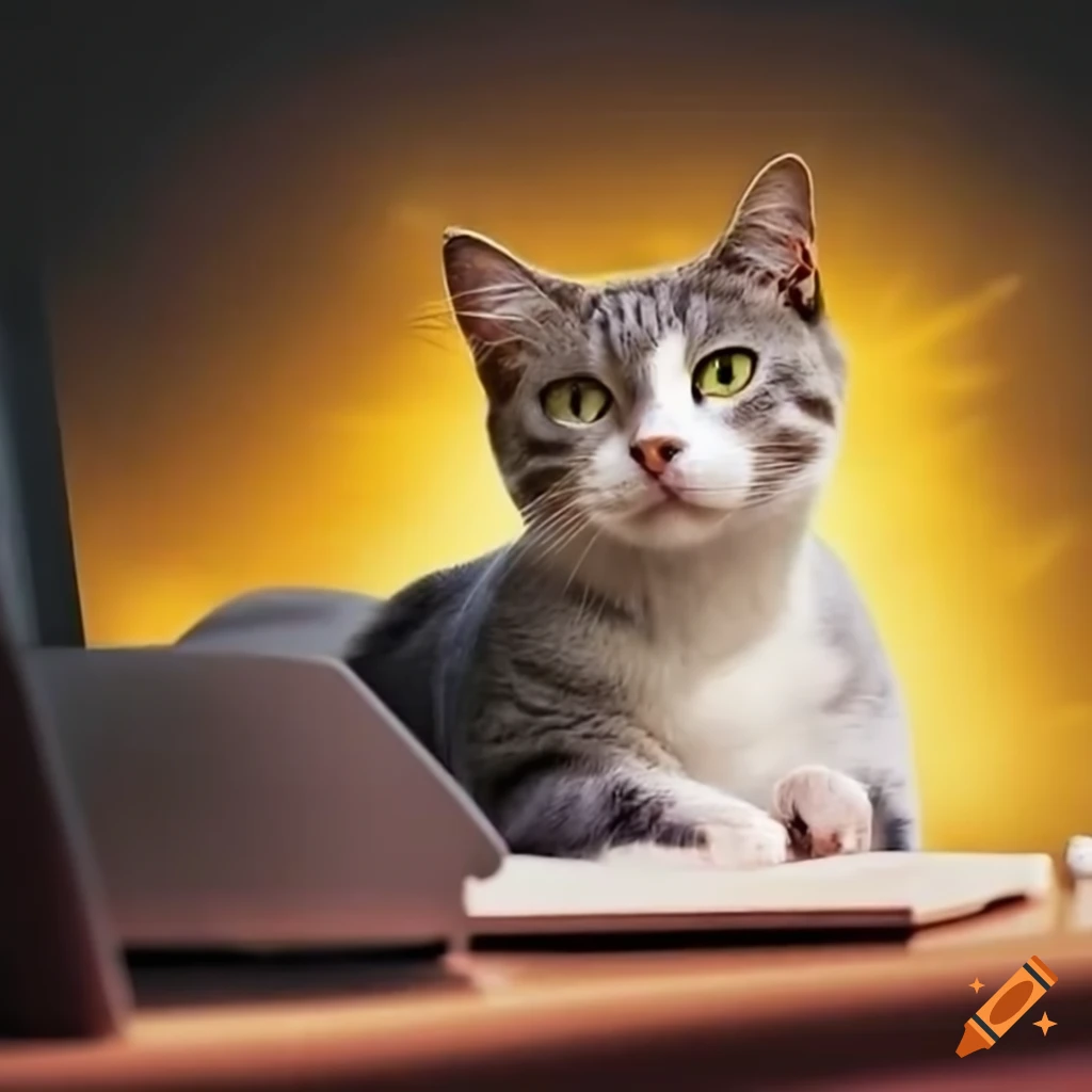 Cat on a computer on the desk under the sun on Craiyon