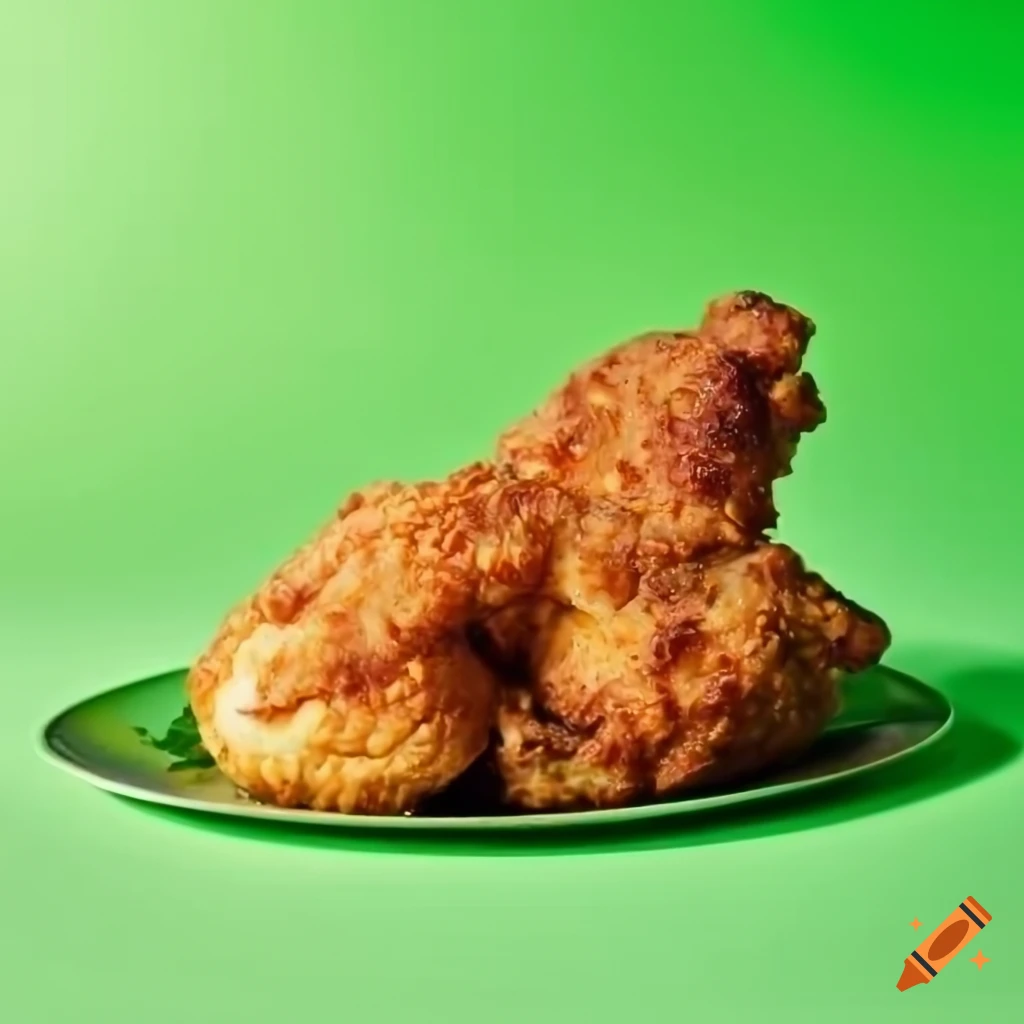 Side view of a well-fried chicken in a lime plate on Craiyon
