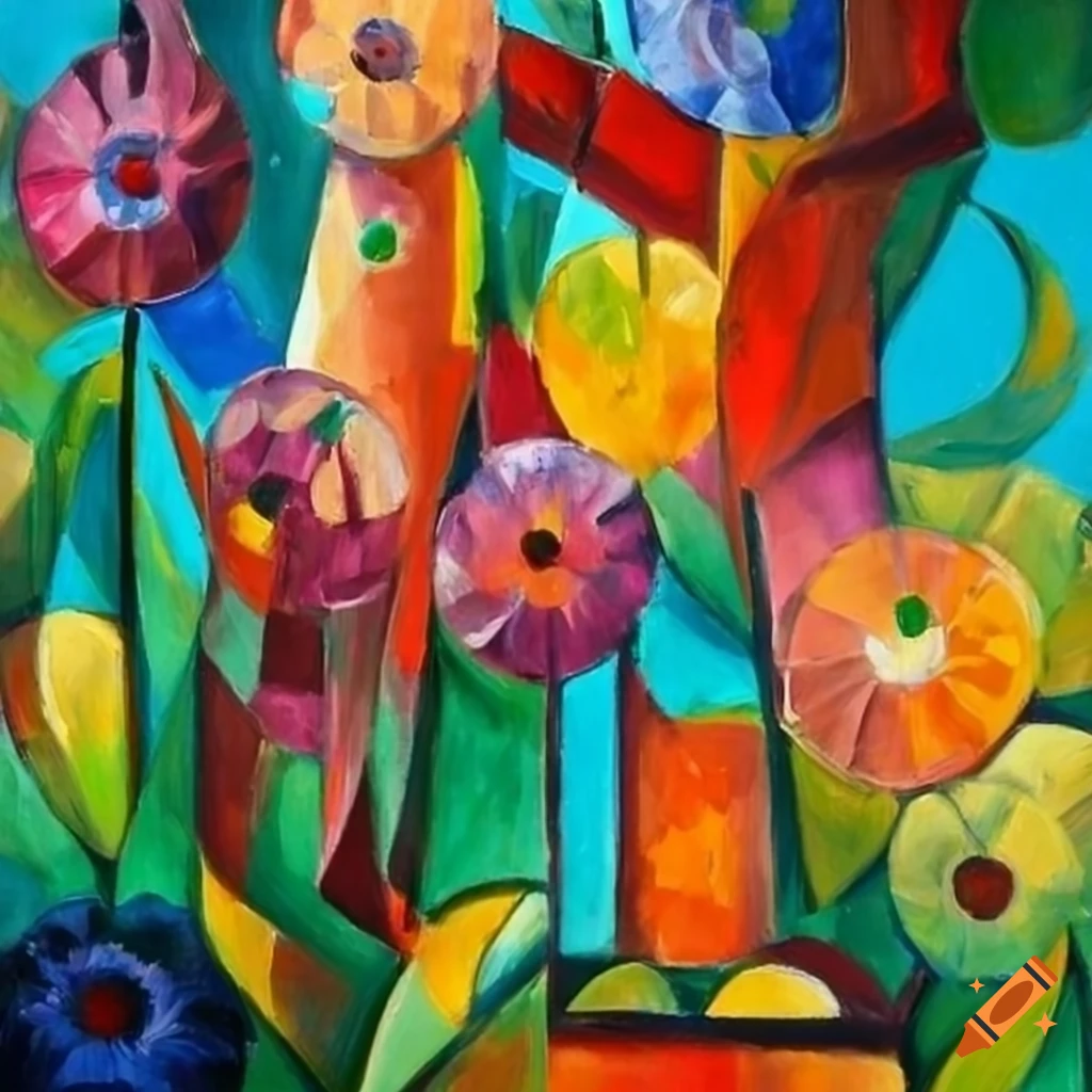 Cubist painting of a garden with lots of different flowers on Craiyon